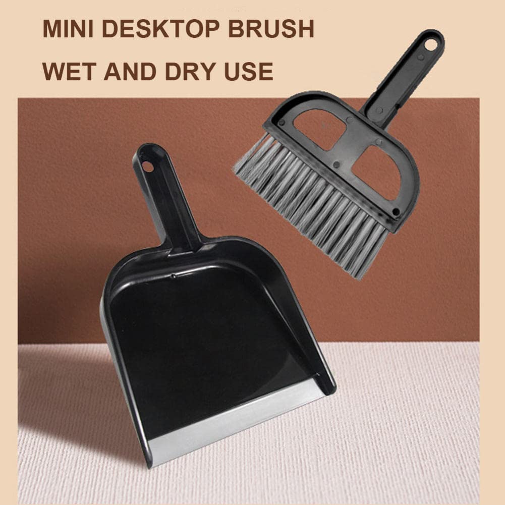 FEMUN Small Broom and Dustpan Set, Hand Broom, Desktop Keyboard Broom, Plastic Mini Broom and Dustpan Set, Home Multifunctional Small Broom, Kitchen Gadgets, for Desk, car and pet Waste (Black)