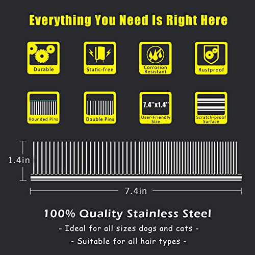 Kopal Dog Comb 2 Pack Pet Steel Comb Dogs and Cats, Stainless Steel Comb Rounded Teeth, Static-free Metal Comb Corrosion Resistant Cat Comb Pet Dematting Tool Flea Comb Pet Grooming Tool - 7.4in