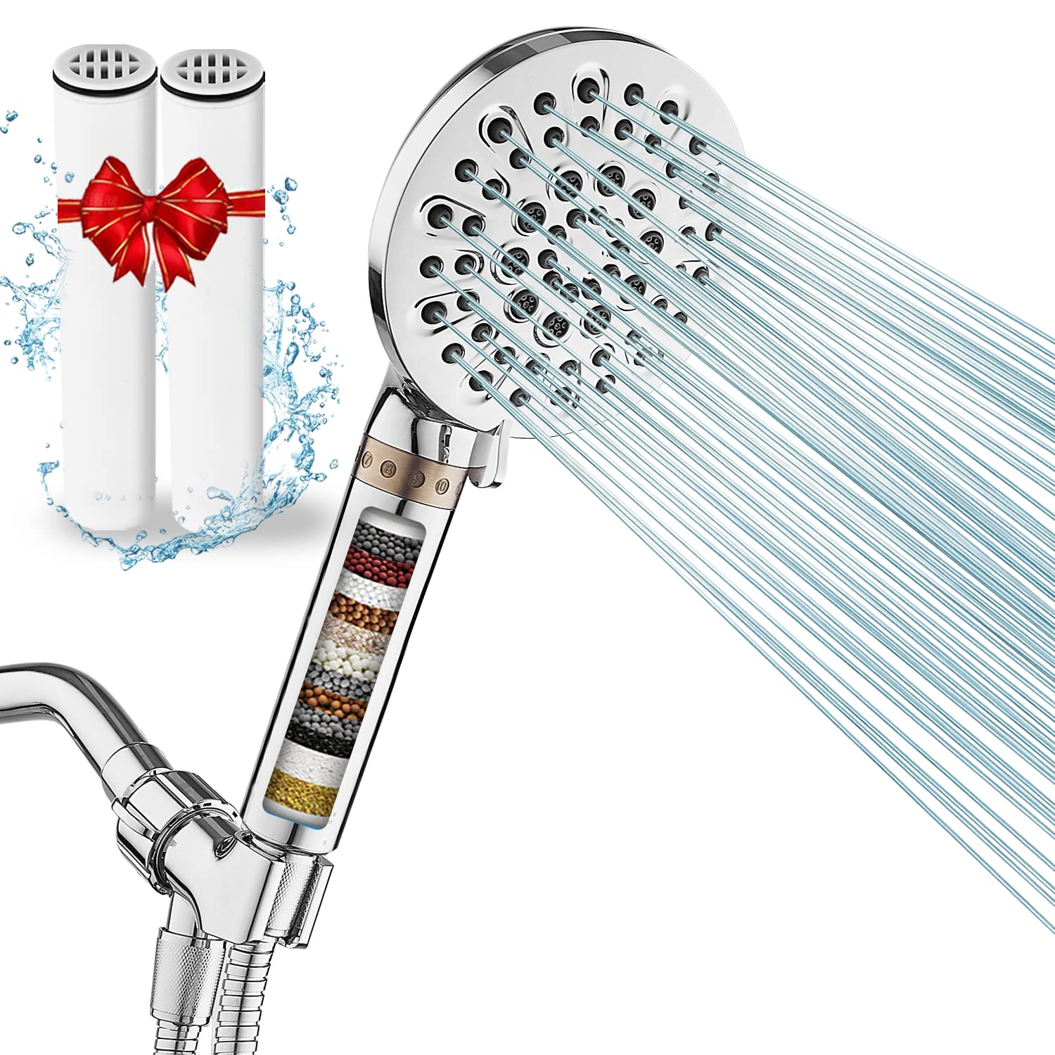DOILIESE 6 Settings Shower Head with Handheld, High Pressure Shower Head Filter for Hard Water - 15 Stage Filtered Shower Head with Hose for Remove Chlorine Heavy Metals and Other Sediments (Chrome)