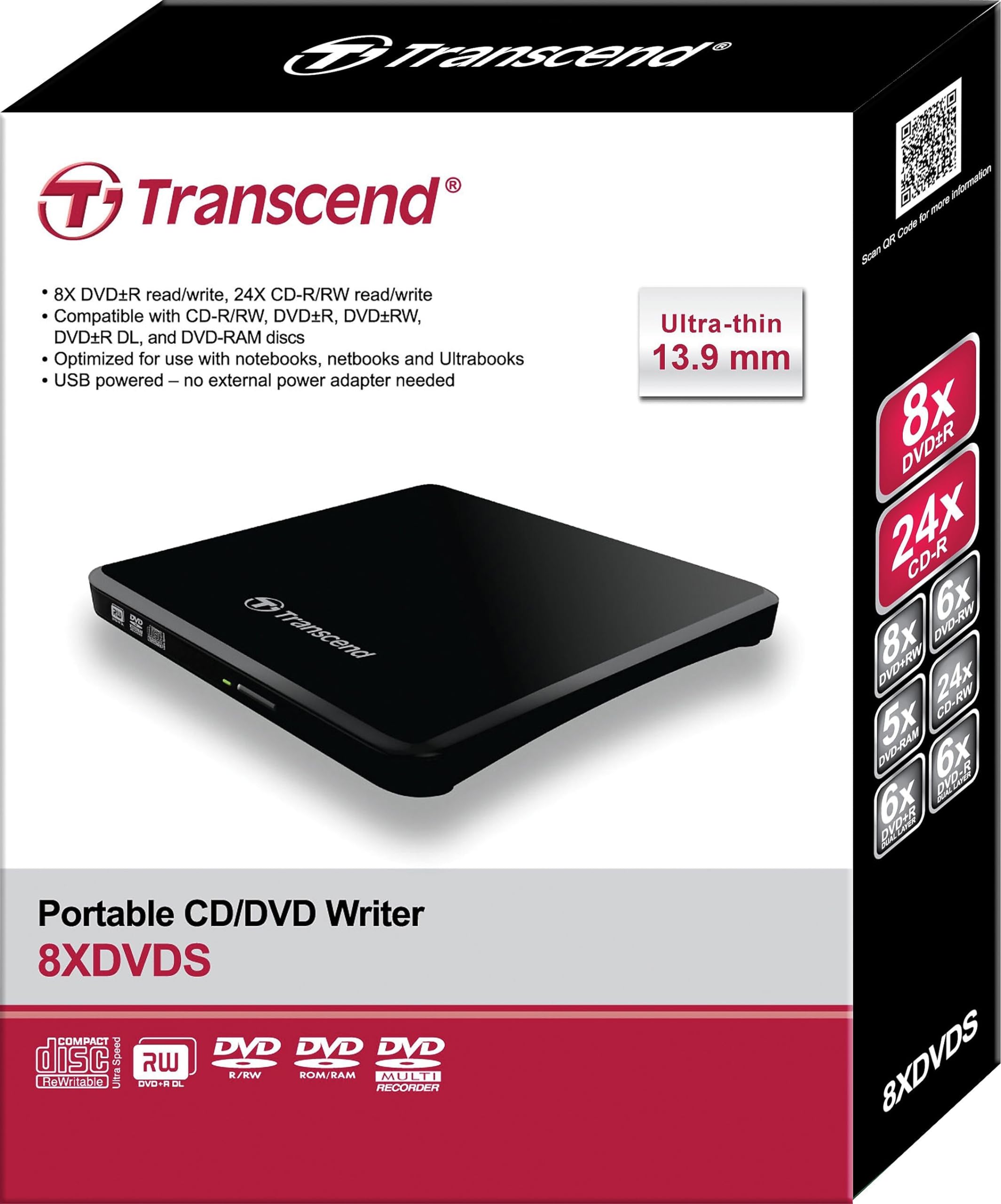 Transcend 8K Extra Slim Portable DVD Writer Optical Drive (TS8XDVDS-K)