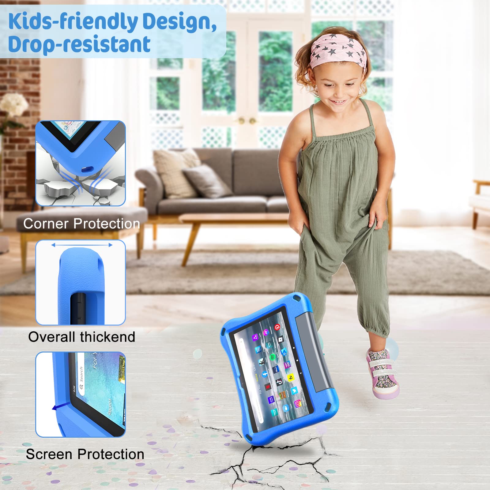 Fire HD 8 Tablet Case for Kids, Amazon Kindle Fire HD 8 & 8 Plus Tablet (2024/2022/2020 Release,12th/10th Generation) Ubearkk Shock-Proof Protective Back Cover Cases with Foldable Stand Holder, Blue