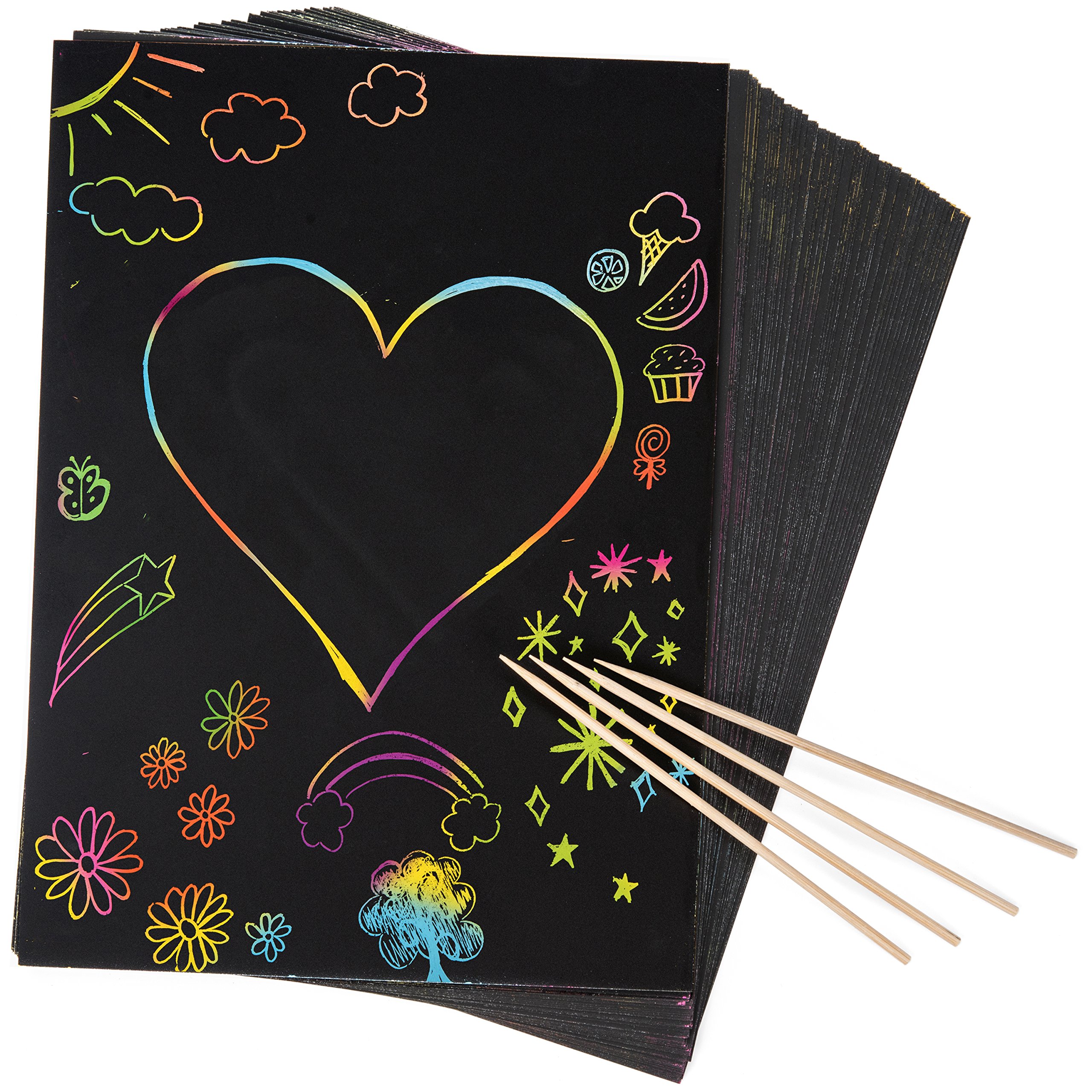 Rainbow Scratch Paper Bulk Pack, Large Size Full Sheet 7.5x10 inches, 50 Piece Magic Scratch Paper Art Set with 4 Wooden Stylus, Black Scratch Off Paper, Arts and Crafts for Kids