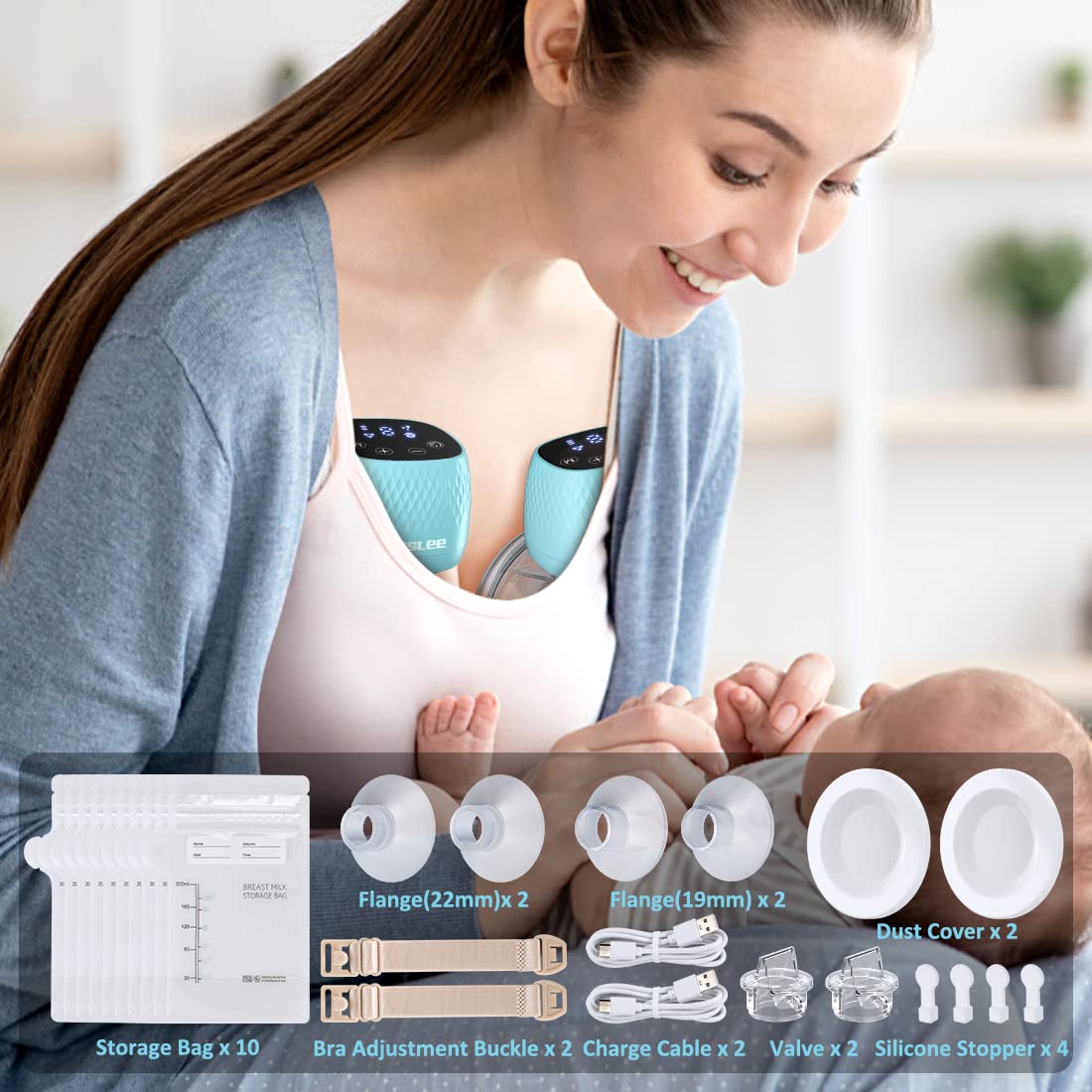 CPPSLEE Breast Pump, Wearable Breast Pump, Hands Free Breast Pump, Electric Breast Pump with 3 Mode & 9 Levels, Wireless Breast Pump Rechargeable, LCD Display, 25mm Flange, 2 Pack, Blue