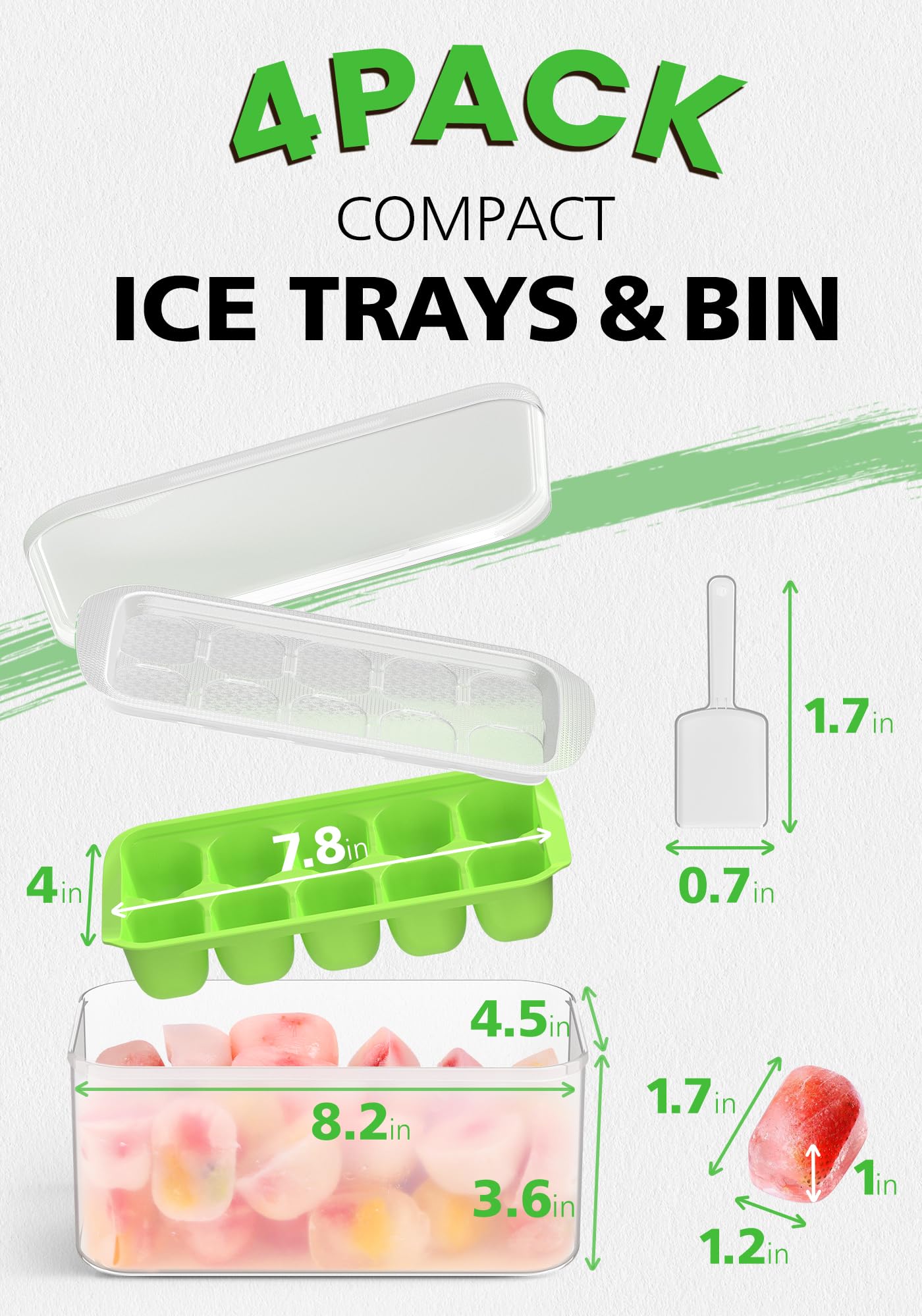 DOQAUS Ice Cube Tray with Lid and Bin, 4 Pack Ice Trays for Freezer, Easy Ice Pop Out Silicone Ice Cube Trays for Freezer with Cover, Stackable Storage Compact Ice Bucket Kits for Popsicles