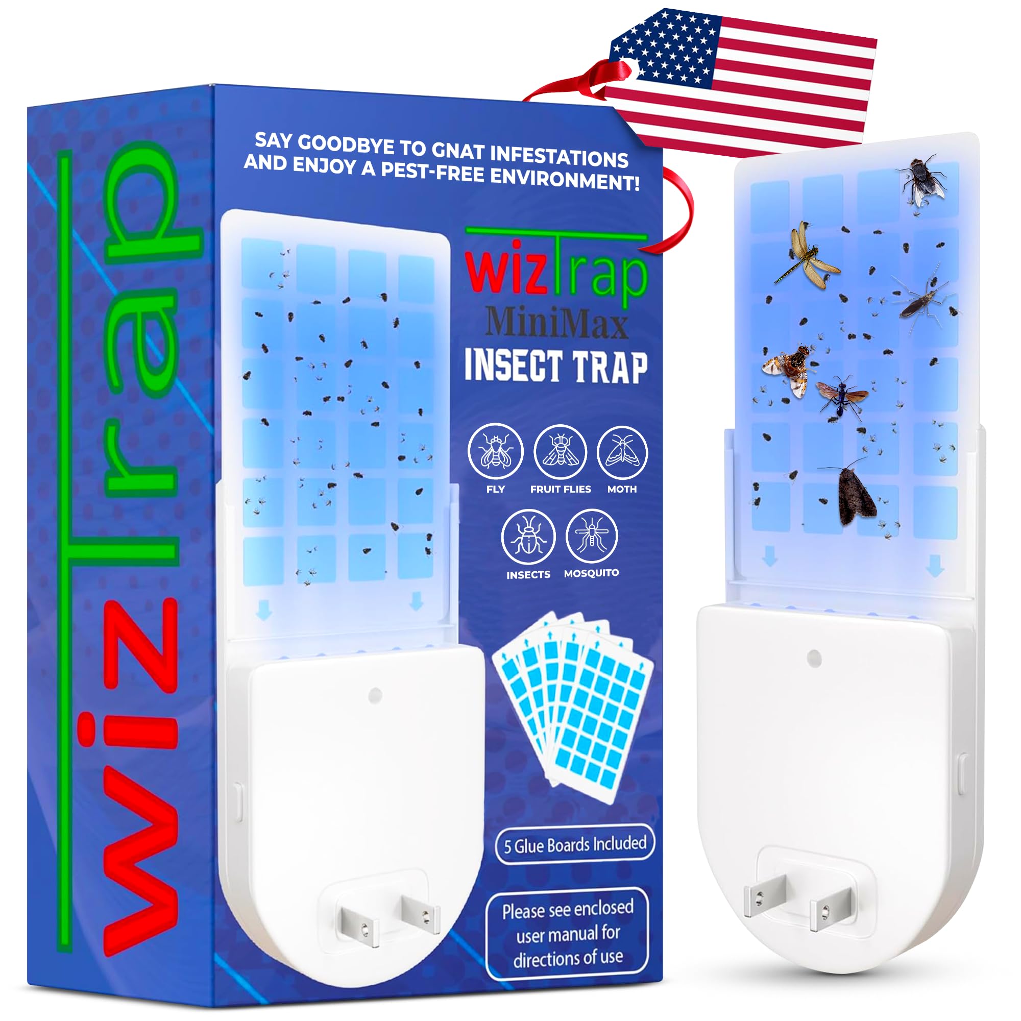 WizTrap MiniMax Plug in Fruit Fly Traps for Indoors! A Flying Insect Trap with UV LED Bulbs & 5 Glue Board Refills! Gnat Trap Used as a Fruit Fly Killer, Indoor Fly Trap, Mosquito Trap, Gnat Killer!