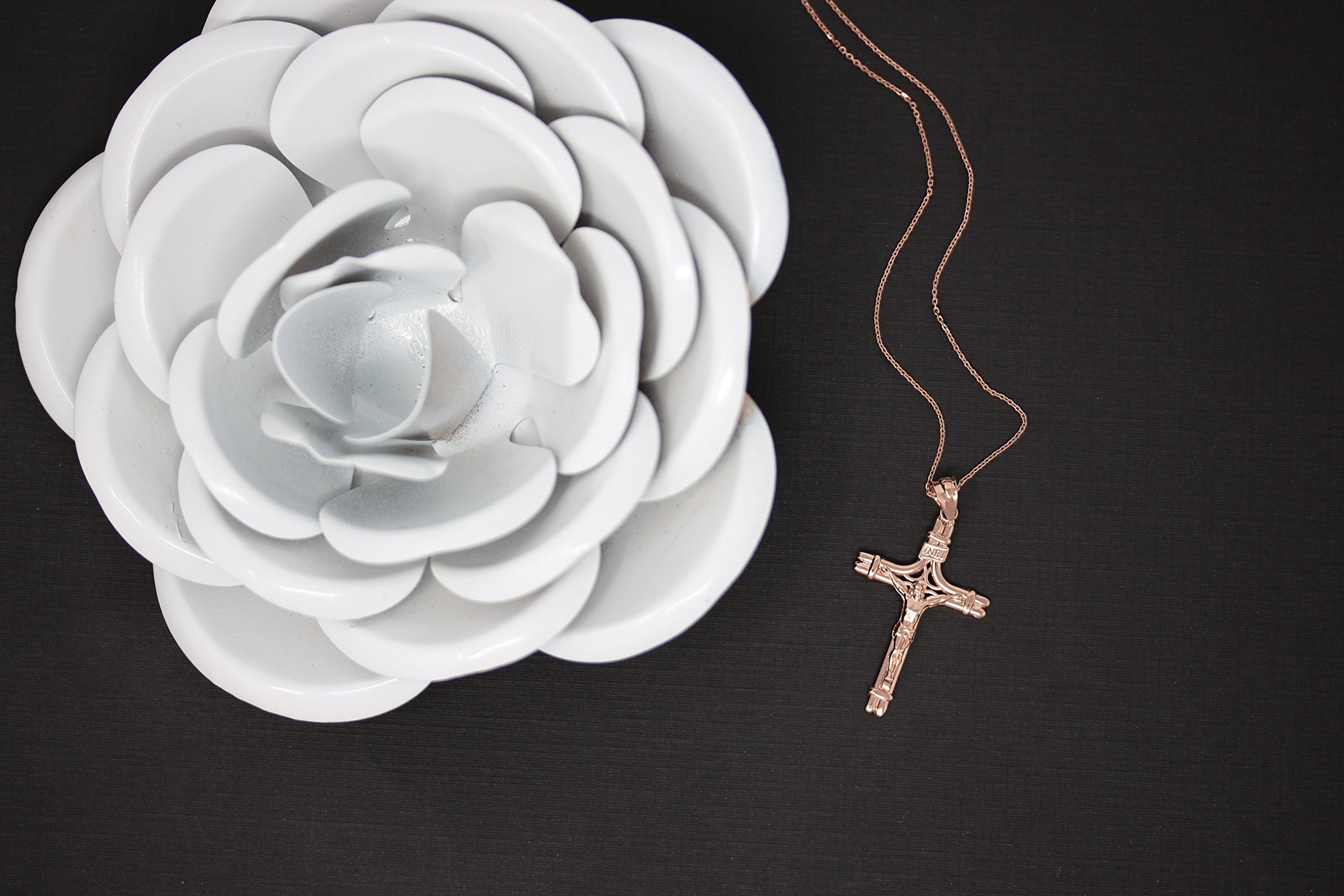 CaliRoseJewelry 10k INRI Crucifix Jesus on The Cross Pendant Necklace in Rose Gold, 18"