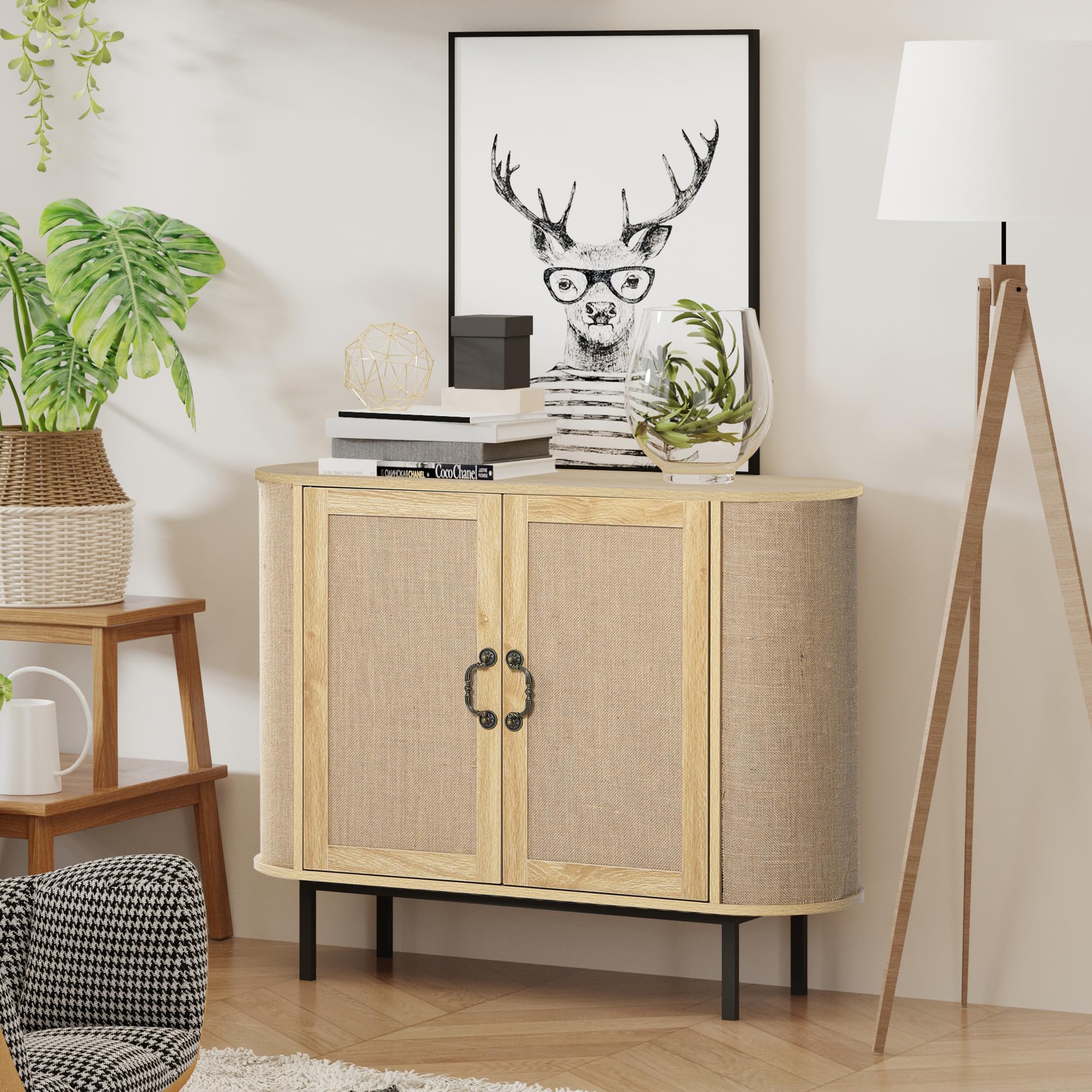 FurSch 40” Sideboard Buffet Cabinet with Storage,Oval Small Buffet Cabinet,Boho Rattan Accent Cabinet Sideboard for Living Room,Dining Room