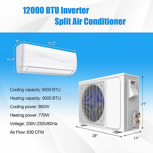 PETSITE 9000 BTU Mini Split Air Conditioner Pre-Charged Inverter Heat Pump System, 17 SEER2 208V-230V Wall Mounted Ductless AC Unit Energy Saving with Installation Kit Cools Rooms up to 450 Sq. Ft, White