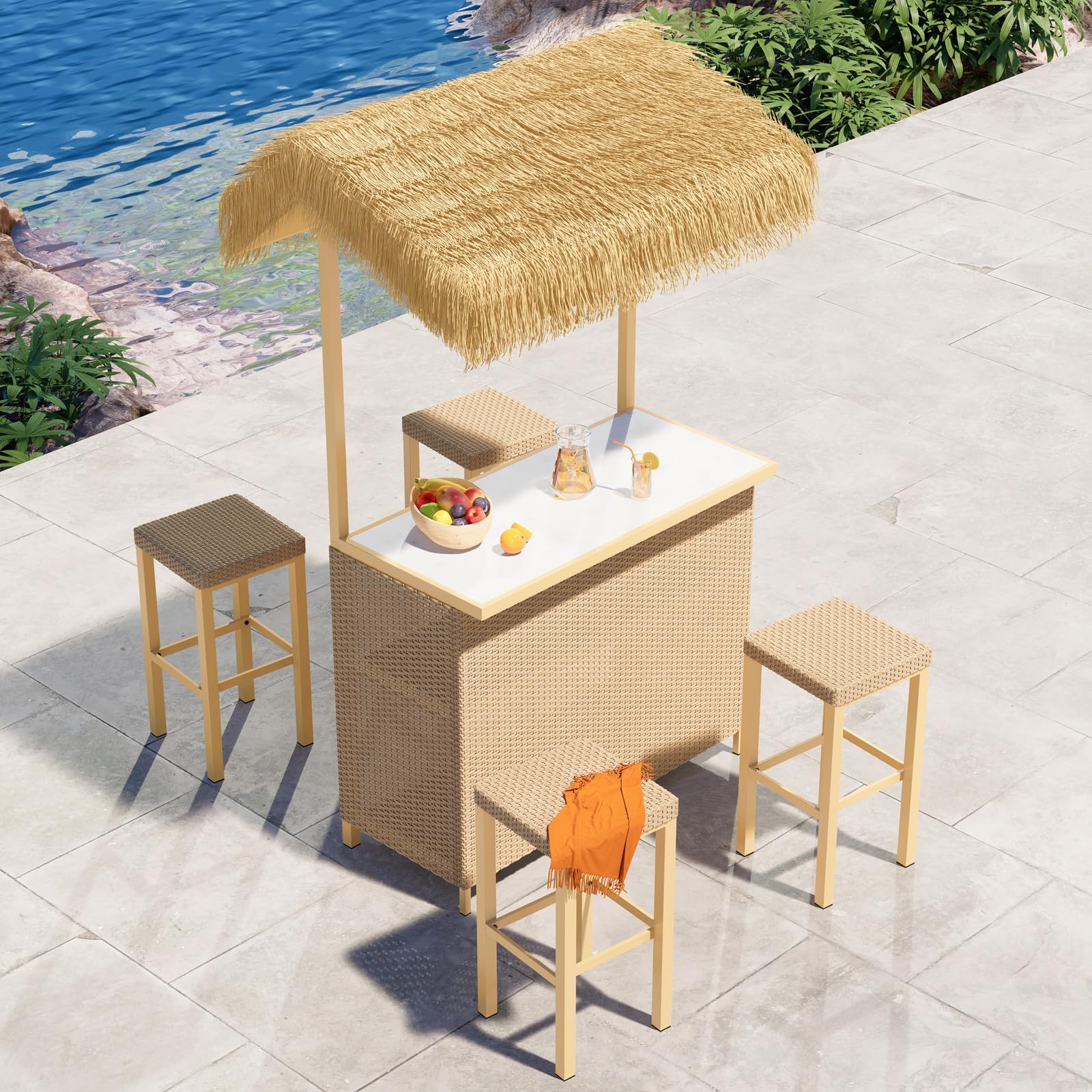 Grand patio Outdoor Tiki Bar Set with Widen Ceramic Top (42" W), Phuket 5-Piece Wicker Islander Tiki Bar and 4 Stools Storage for Garden, Natural