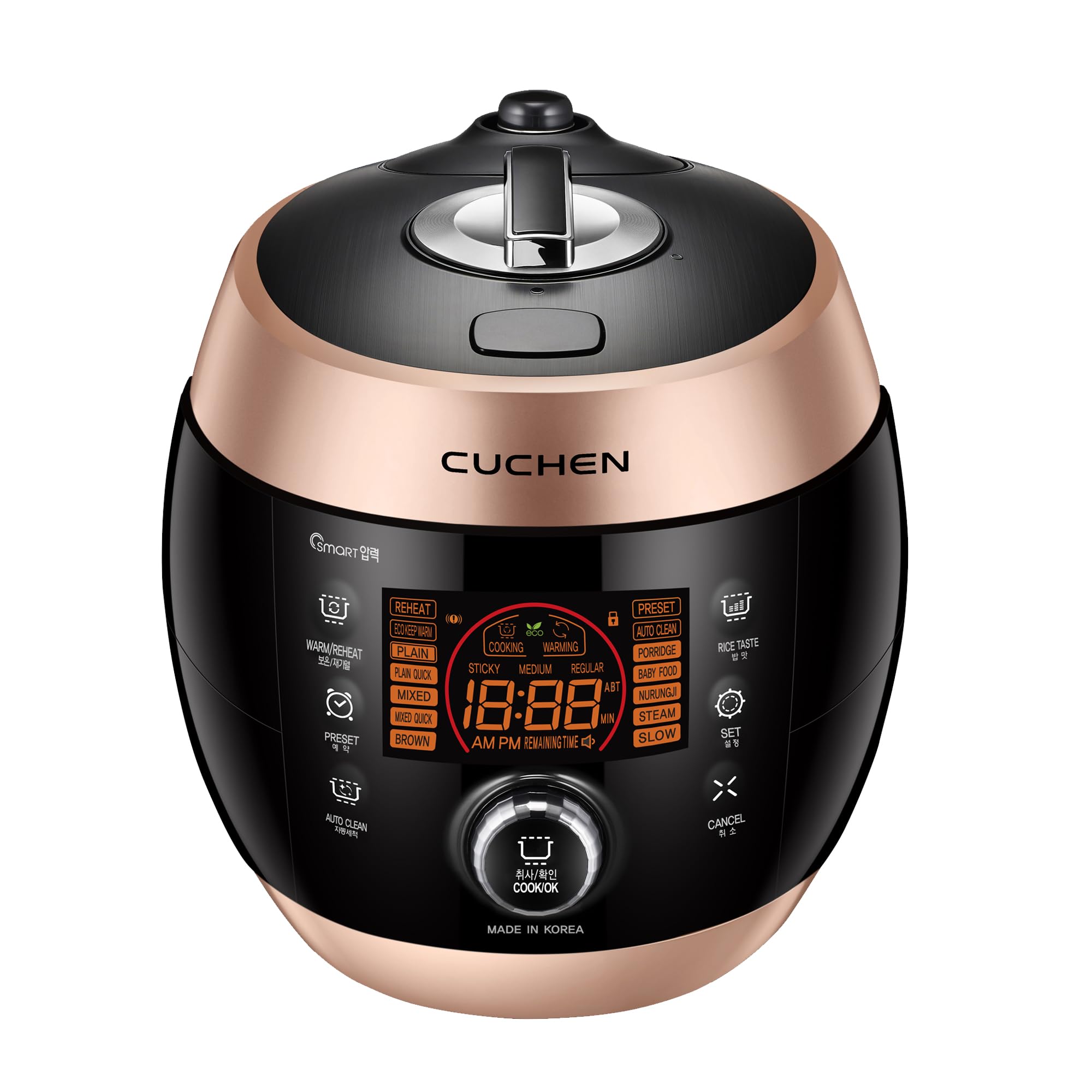Cuchen CJS-FD0600RVUS | Heating Pressure Rice Cooker 6 Cup (Uncooked) | Smart Jog Dial | Auto Steam Clean | Voice Guide | Made in Korea | Black/Rose gold