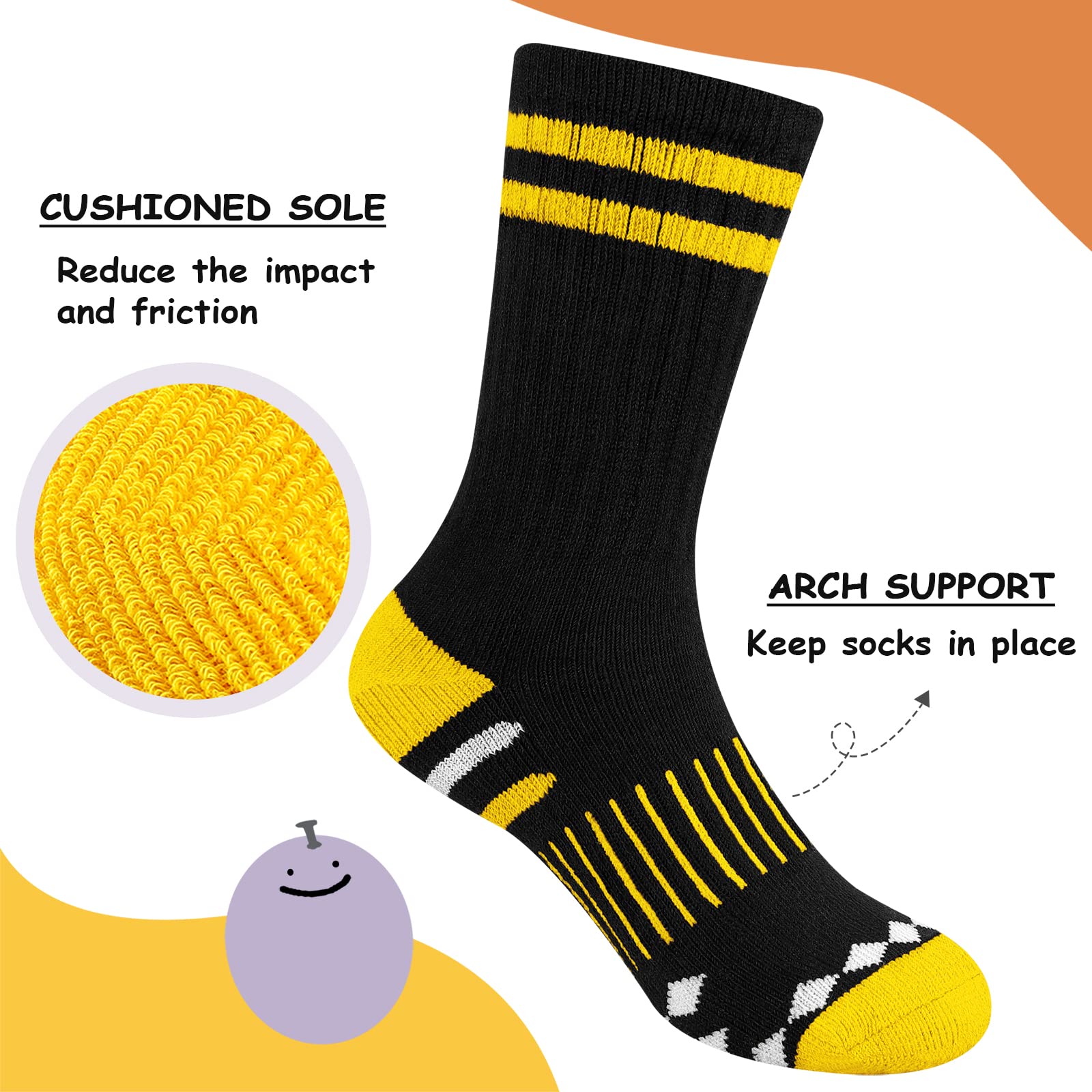 Comfoex Boys Crew Socks 4-6 6-8 8-10 Years Old Athletic Long Socks For Kids Cotton Calf Socks With Cushioned Sole 6 Pairs
