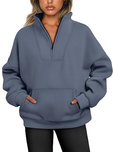 Trendy Queen Half Zip Sweatshirts Quarter Zip Pullover Hoodies for Women Oversized Fleece Soft Sweaters Comfy Fall Winter Clothes 2023 Y2K Greyblue