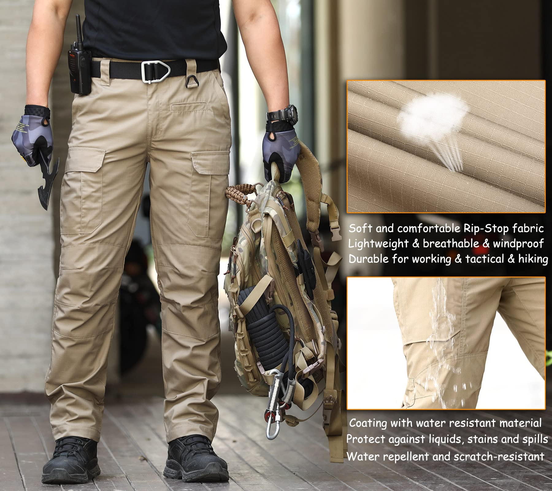 CARWORNIC Men's Ripstop Tactical Pants Waterproof Lightweight Work Pants EDC Army Uniform Combat Military Pants Multi Pocket Relaxed Fit Cargo Pants Casual Outdoor Hiking Trousers Black