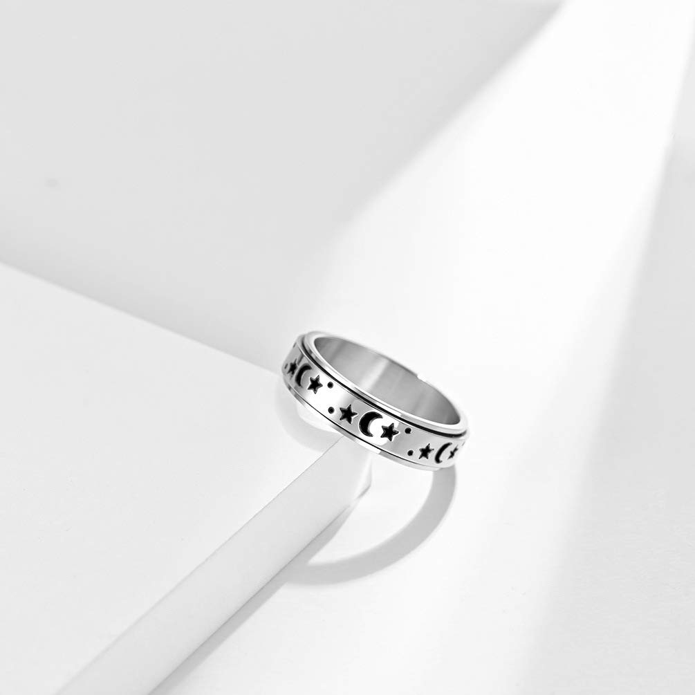 COLORFUL BLING Rotatable Moon Star Sun Fine Stainless Steel Tuning Rotating Ring Boho Jewelry for Women Men Size 6-11-10