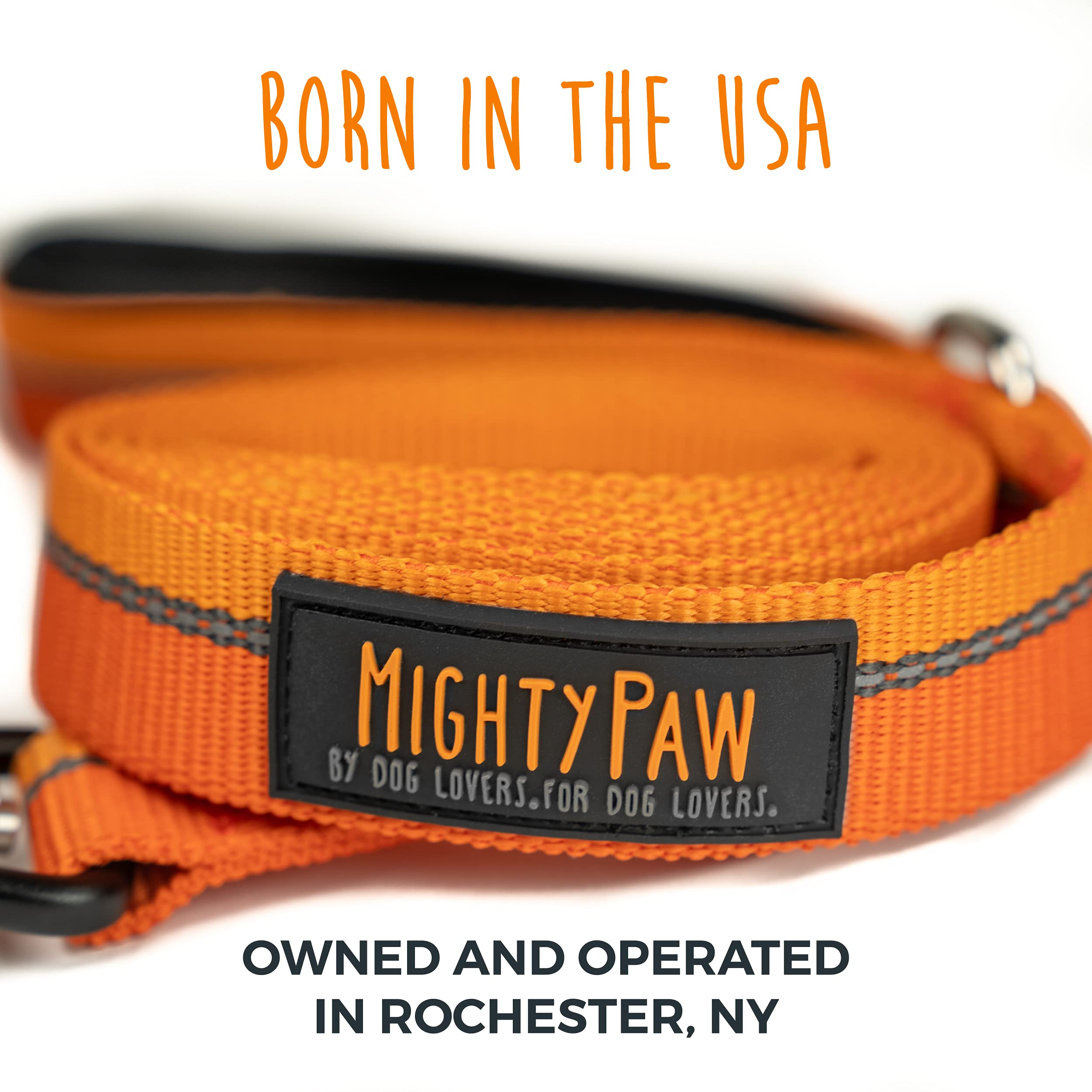 Mighty Paw Dog Leash - Soft Padded Handle - D-Ring and Pet Leash Clip - Carabiner Clip - Weatherproof with Reflective Stitching - 6 Foot Long Dog Leash for All Dog Breeds - Dog Walking Leash (Orange)