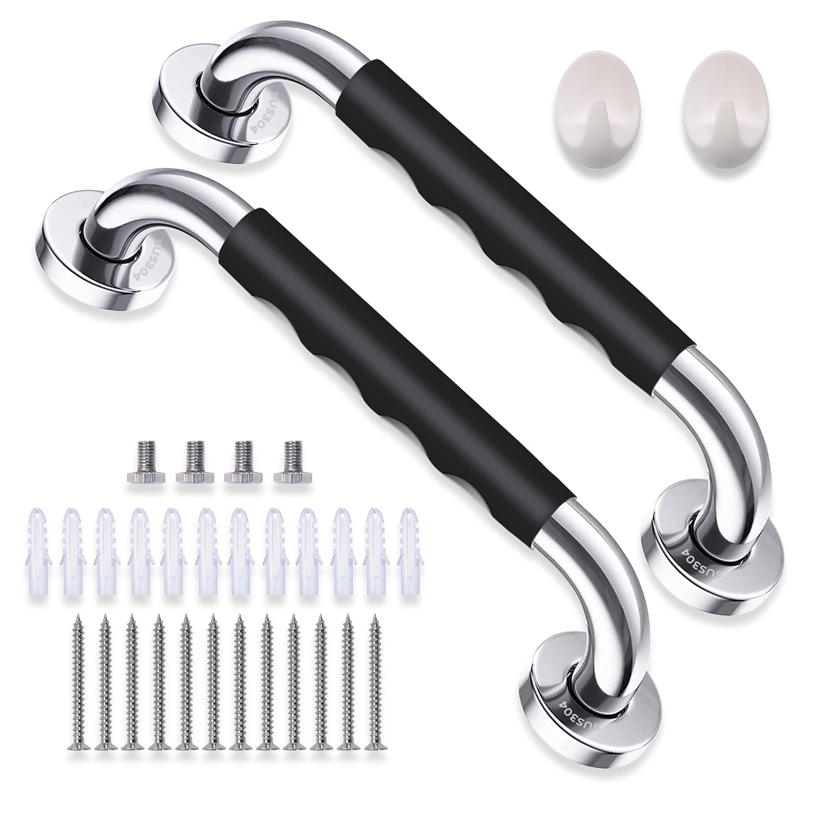 Funland 2 Pack 12 Inch Shower Grab Bar with Anti-Slip Rubber Grip, Stainless Steel Grab Bars Handles for Elderly, Bath Grab Bar, Handicap Grab Bars, Bathroom Balance Senior Assist Handle, Black