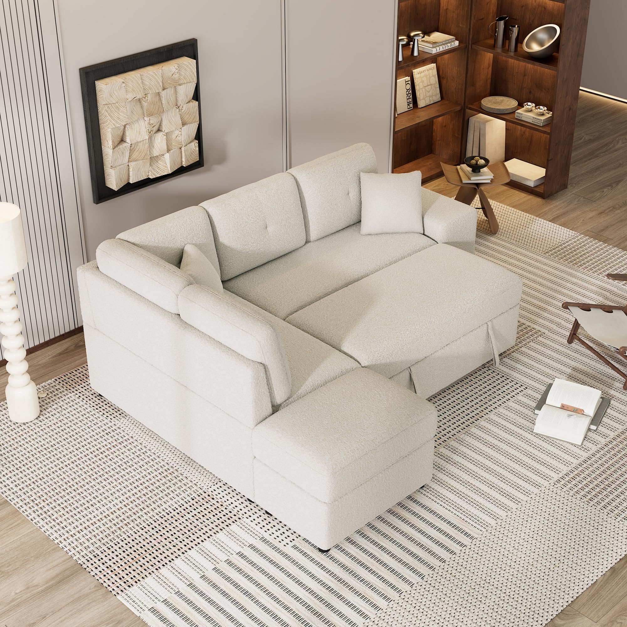 mikibama 88" Convertible Sleeper Sectional Pull Out Sofa Bed with Storage Ottoman, 2 Stools, Wireless Charger and 2 Hidden USB Ports, 4 Seat L Shape Couch for Living Room, Apartment, Cream