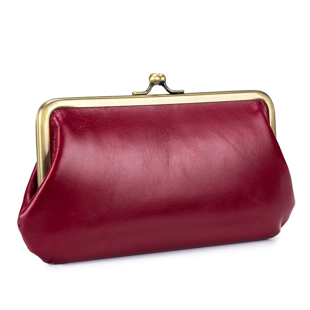 DORIS&JACKY Vintage Leather Clutch Purses for Women Small Evening Bag Wallet With Kiss Lock (3-Hot red)
