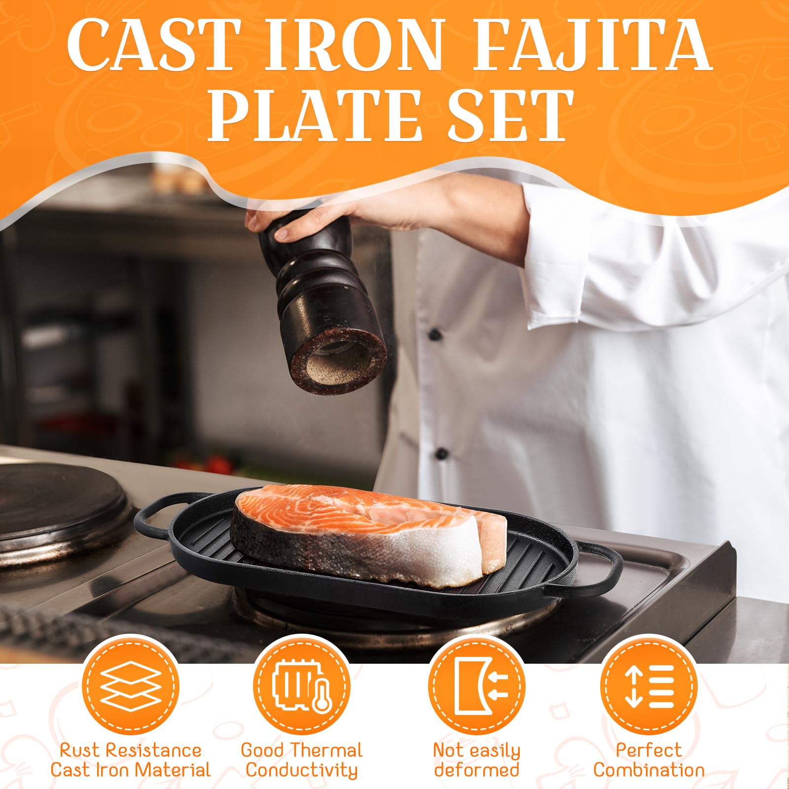 Yiyiring 2 Pcs Cast Iron Fajita Skillet Pan Set Sizzling Steak Plate with Wooden Base and Removable Handle Cast Iron Grill Frying Pan for Home Restaurant Kitchen Cooking (12 x 6.3 Inch)