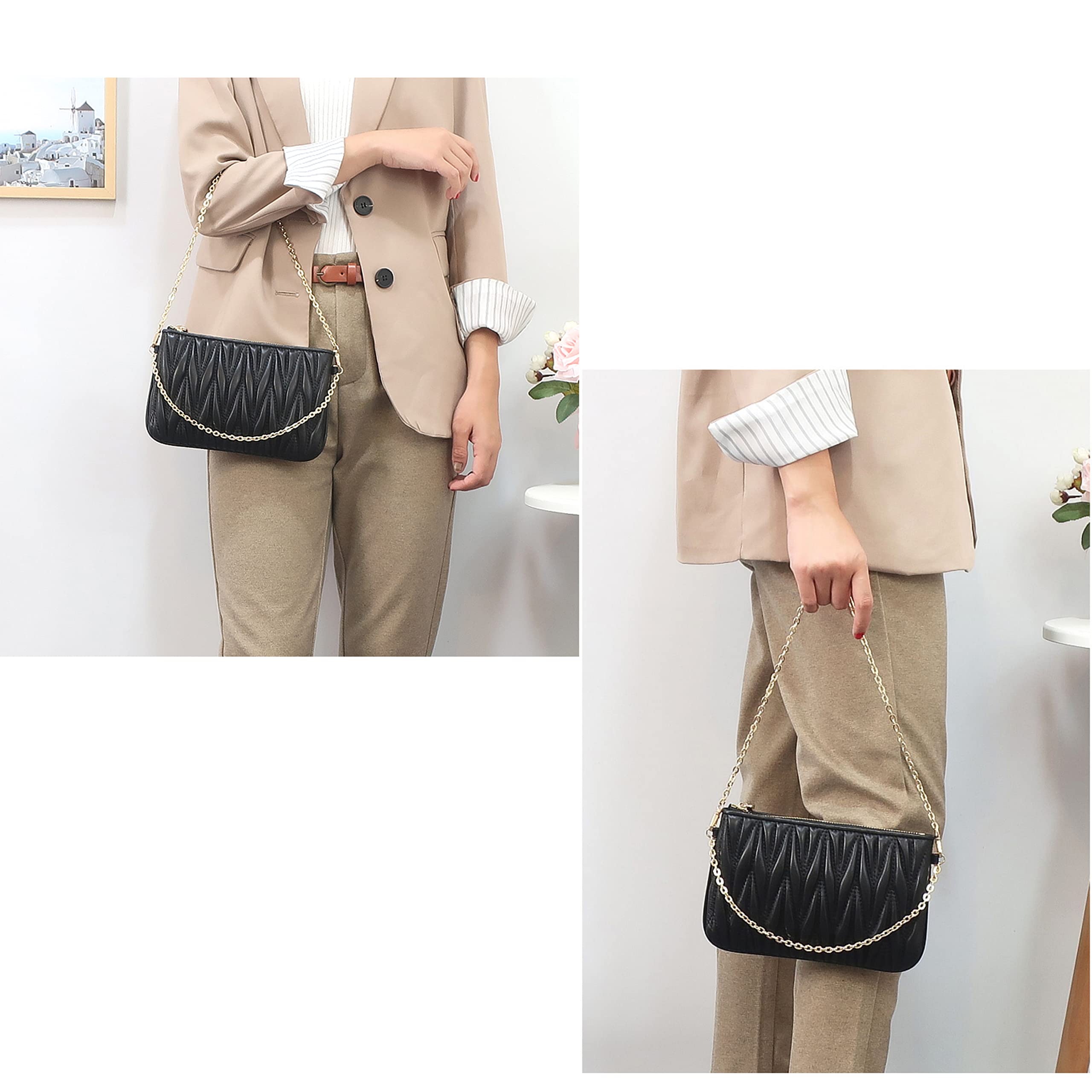 DORIS&JACKY Leather Quilted Clutch Bags For Women Small Multifunctional Shoulder Purse With Lots Card Slots(1-Black)