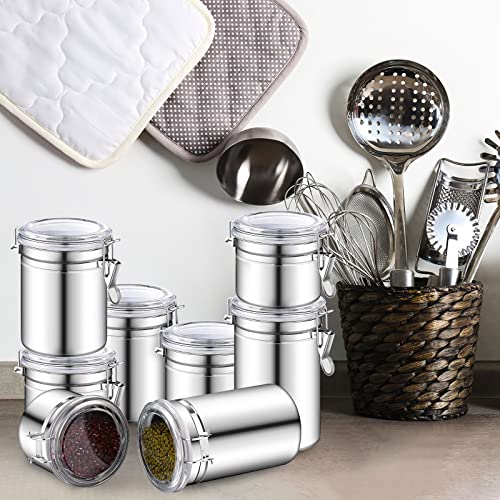 Rtteri 8 Pieces Stainless Steel Airtight Canister Set with Clear Lid and Locking Clamp Food Storage Container Set Stainless Steel Kitchen Canister for Coffee Sugar Flour Tea Candy Cookie Spice