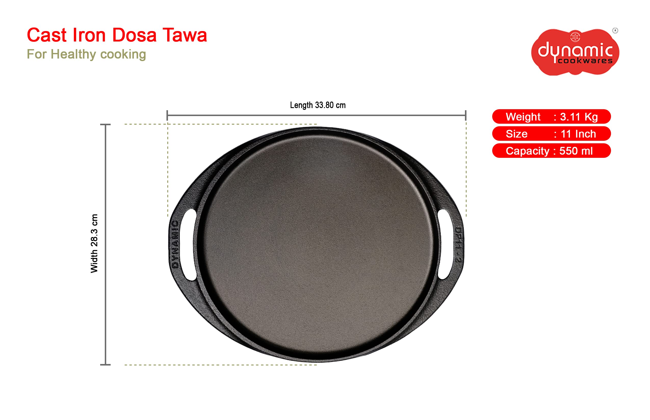 DYNAMIC COOKWARES Cast Iron Dosa Tawa 11 Inch, 28CM