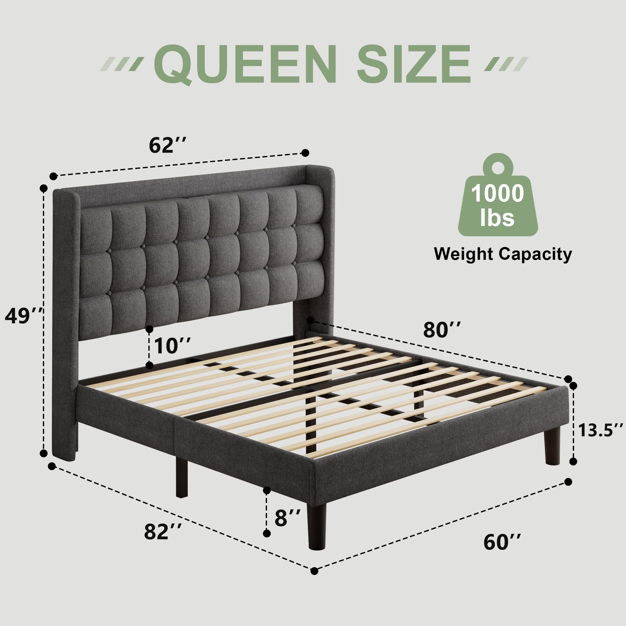 Feonase Queen Bed Frame with Charging Station, Upholstered Platform Bed Frame with Wingback Storage Headboard, No Box Spring Needed, Easy Assembly, Dark Grey