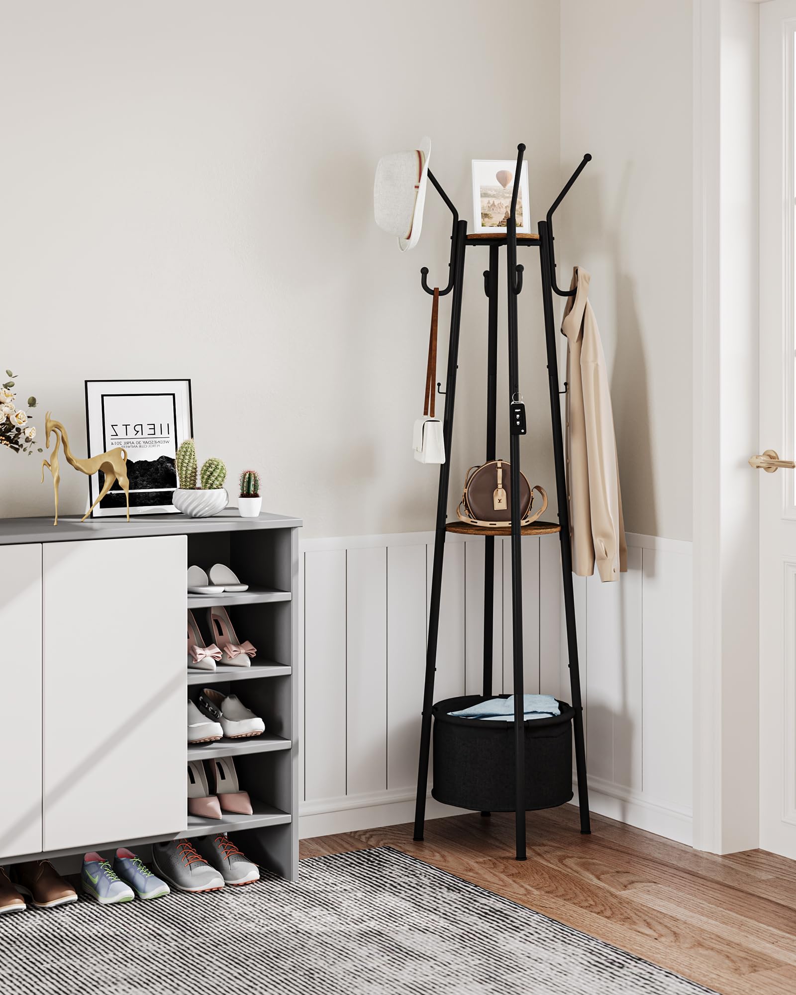 Hzuaneri Coat Rack Freestanding, Coat Rack Stand with 12 Hooks, Coat Tree, Coat Racks Coat Hanger Stand with 2 Shelves and Storage Basket, Hall Tree for Entrance, Hallway, Black CR24701B