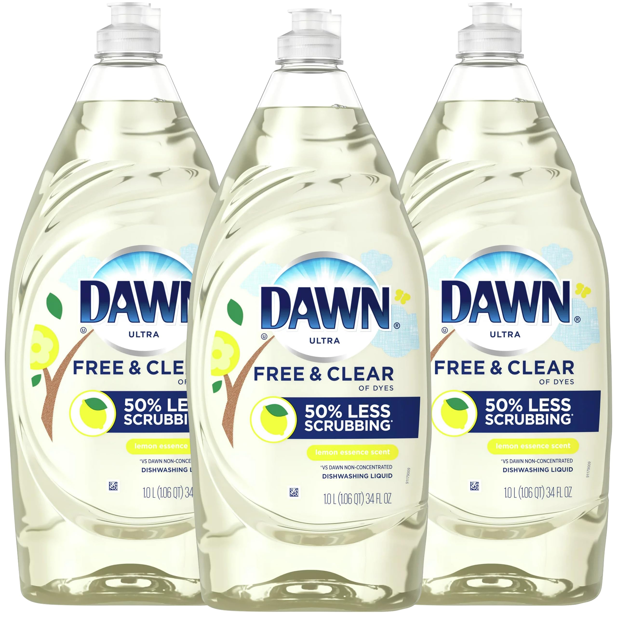 Dawn Ultra Pure Essentials Dishwashing Liquid Dish Soap, Free and Clear of Dyes, Lemon Essence Scent, 34 Fl. Oz (Pack of 3)