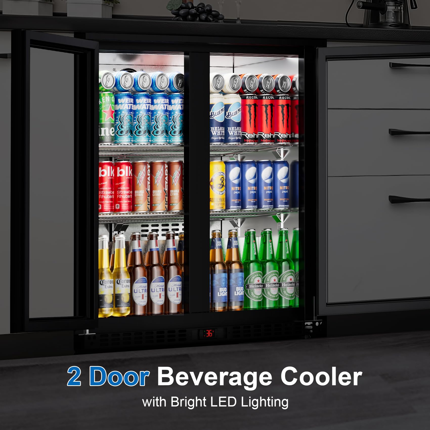 ECEVT Back Bar Cooler Under Counter Refrigerator Double Door 7.4 Cu.ft for Beer,Soda Drinks,Wine with LED Lighting for Commercial Display Beverage Fridge, ETL Approved 35.45" W 33.08" H