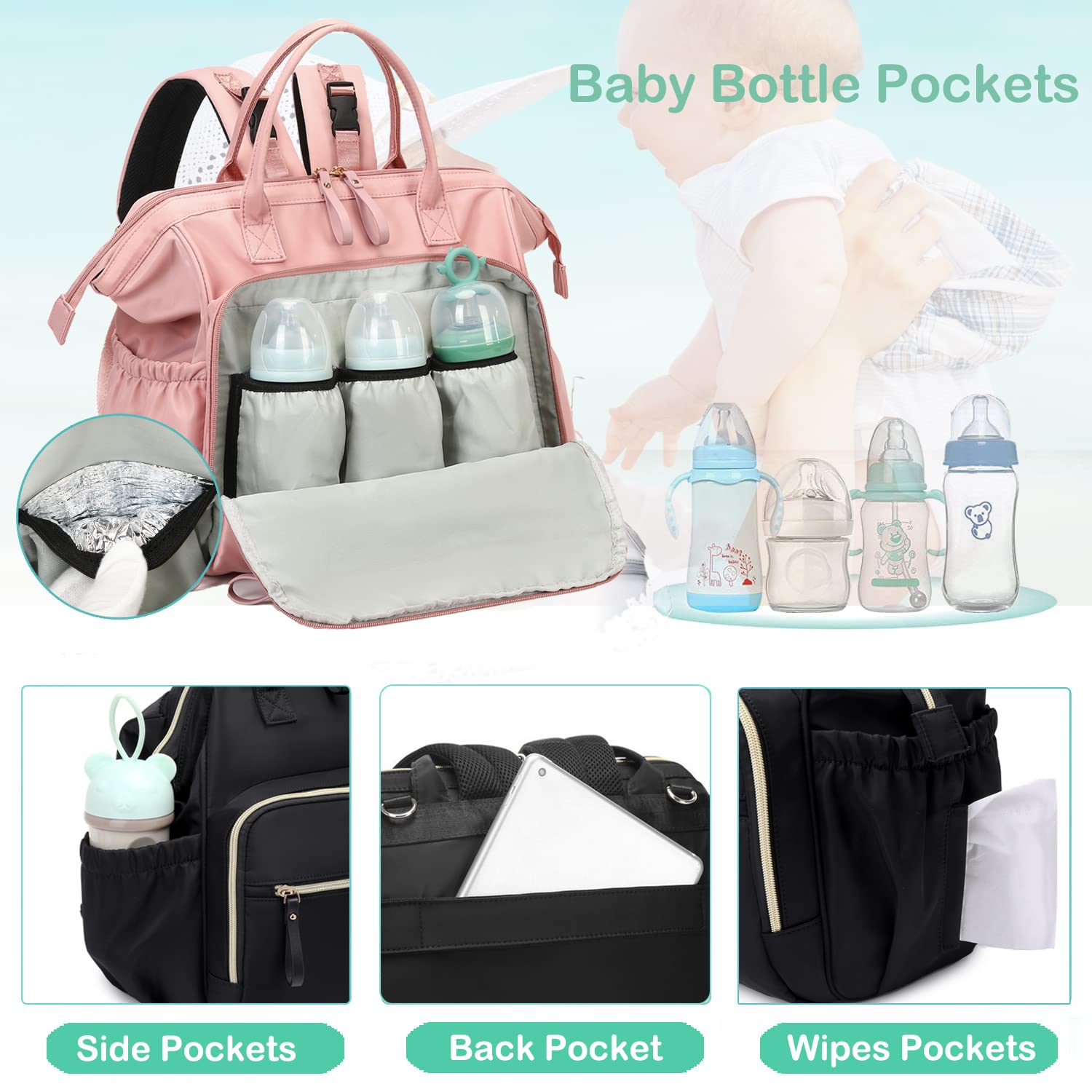 PAOIXEEL Large Capacity Diaper Bag Tote, Water-Resistant Nylon 3 Ways Travel Backpack and Should Bag with Anti-Theft Pockets, Black-Silver