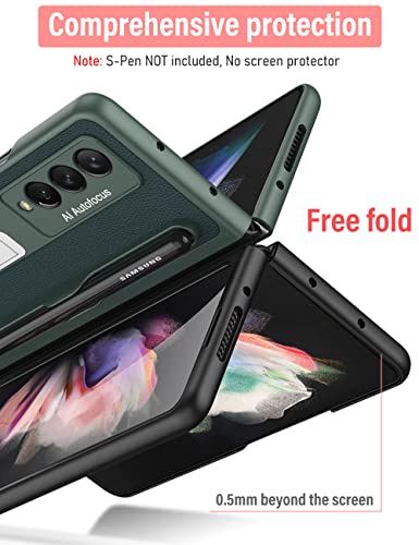 KumWum Phone Case for Samsung Galaxy Z Fold 3 5G Ultra-Thin Back Cover Protection Shockproof Bumper with S Pen Holder & Kickstand - Carbon Fiber