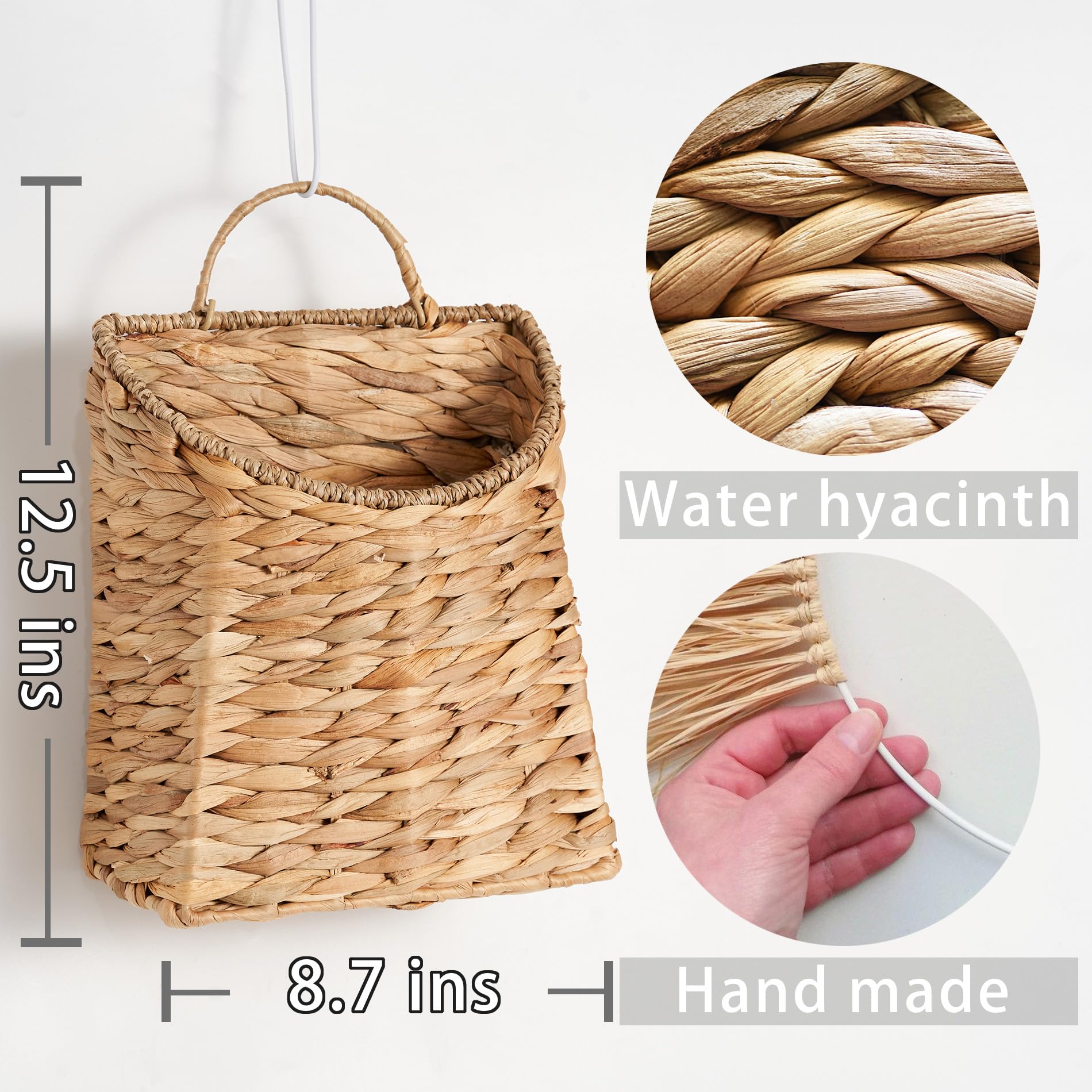 Hanging Basket, Woven Hyacinth,100% Handmade Wall Mount Storage Organize, Hangable Front Door Baskets for Flowers& Mail, Wicker Handmade Open Weave for organizing, Natural/Tan
