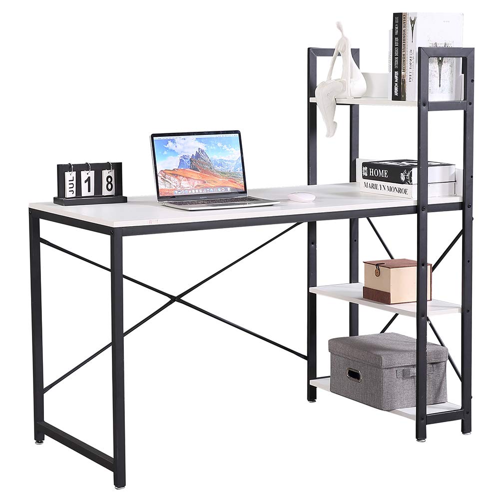 Computer Writing Study Home Office Desk, Multipurpose Study Table H Shape Table with 4 Tier Bookshelves, 47 inch #White