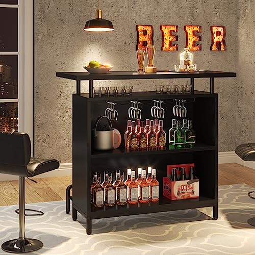Tribesigns Home Bar Unit, 47 Inches PU Leather Bar Tables Liquor Cabinet with Wine Glasses Holder and Metal Footrest Wine Rack for Kitchen Living Room