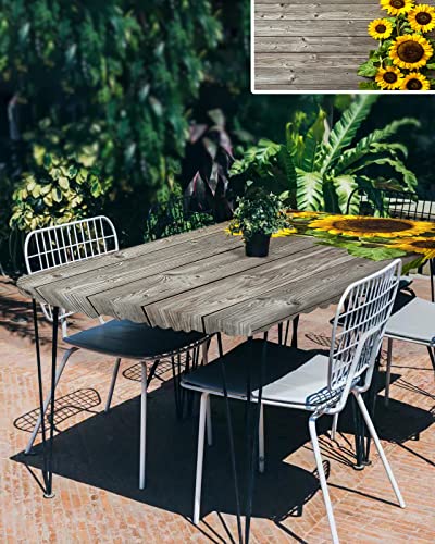 Rectangle Tablecloth for Outdoor, Waterproof Stain-Resistant Table Cover for 6 Foot Tables, Vintage Wood Grain Summer Sunflower Elastic Stretch Stitched Tightly and Sturdiness Table Cloth 32x72inch