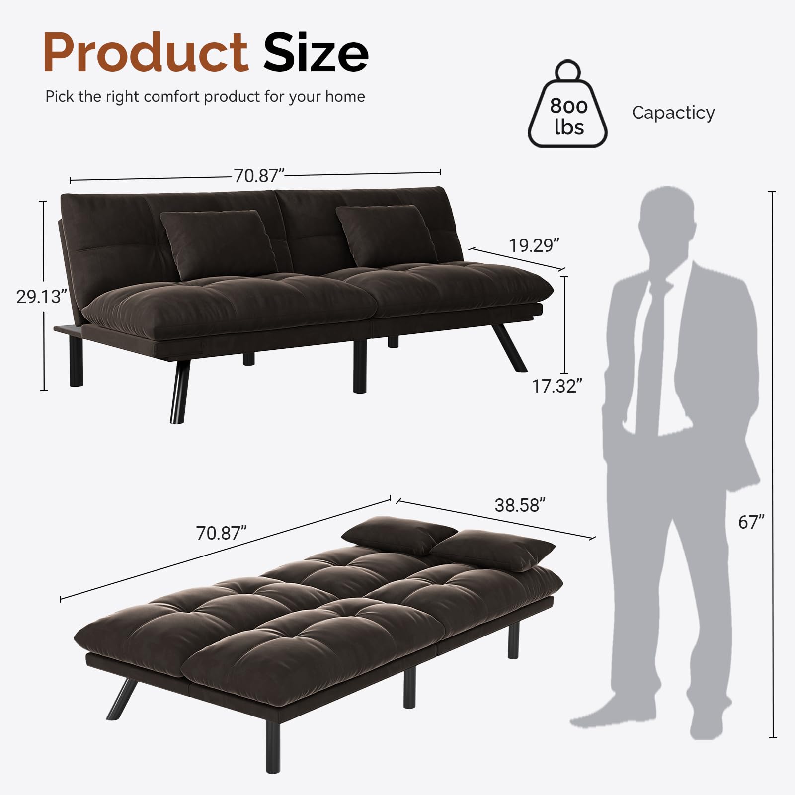 Futon Sofa Bed, Convertible Sofa Bed, Sofa Bed Couch Water-Resistant Fabric with 2 Cushions for Living Room Sofa Bed (Pare Black)