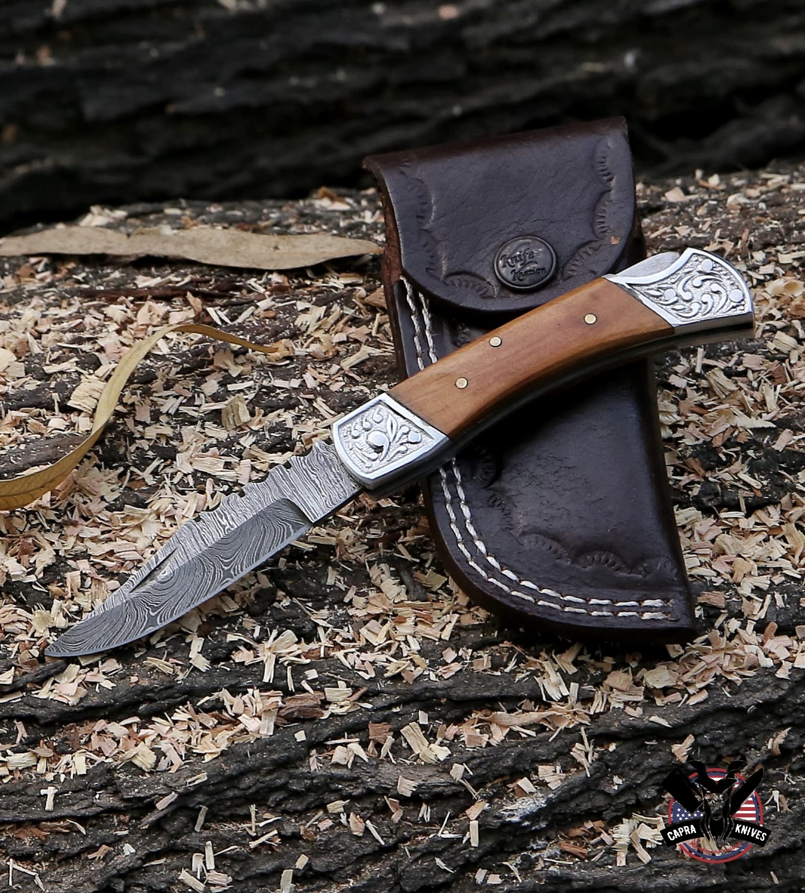 Capra Knives CK-52 Handcrafted Folding Engraved Brass Pocket Knife 4” Folded, 7.25” Long Overall, 4.5oz Olive Wood Handle, Damascus Blade with Leather Sheath