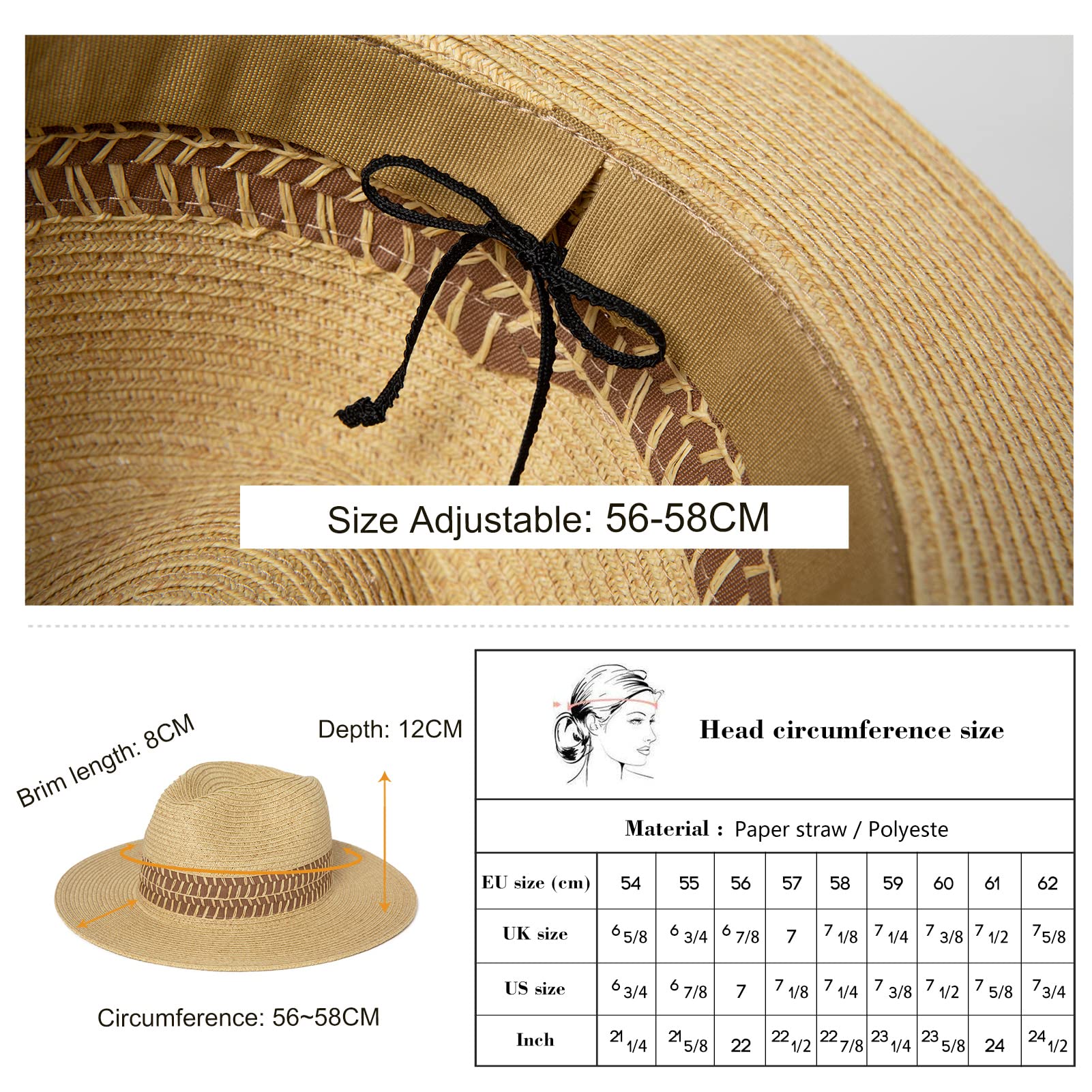 Comhats Women Straw Sun Fedora Hat for Women,Packable Beach Hat Wide Brim Panama Hat UV UPF 50+ Summer Hat Beige
