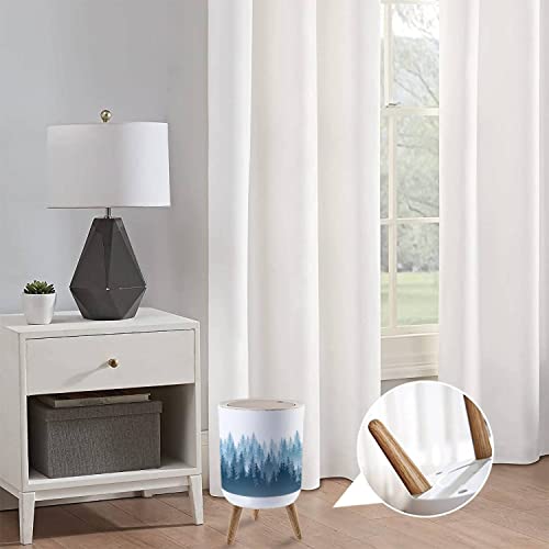 Small Trash Can with Lid for Bathroom Kitchen Office Diaper misty forest landscape detailed blue silhouettes coniferous trees Bedroom Garbage Trash Bin Dog Proof Waste Basket Cute Decorative