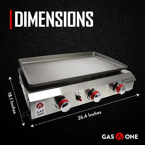 Gas One Flat Top Grill with 3 Burners β Auto Ignition Propane Portable Gas Grill β Premium Stainless Steel Body Tabletop Grill with Pre Season Griddle β Convenient Drip Tray β Ideal for RV, Camping