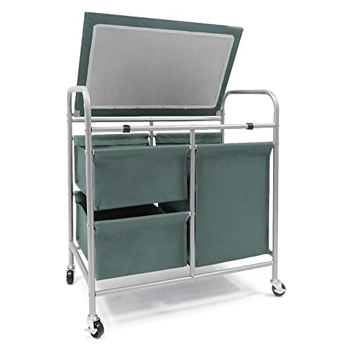 JEFEE Rolling Laundry Sorter Cart Heavy Duty 3 Bags Laundry Hamper Sorter Cart with Ironing Board Removable Bags for Dirty Clothes Storage 26"Lx 16.5"Wx 29"H Blue Grey………