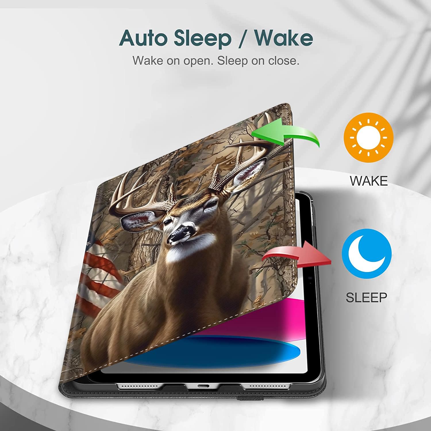 Case for iPad Pro 11 Inch 4th/3rd/2nd/1st Generation 2022/2021/2020/2018, Multi-Angle Smart Stand Cover Auto Sleep/Wake Fit iPad Air 4/5,Camouflage Deer American Flag