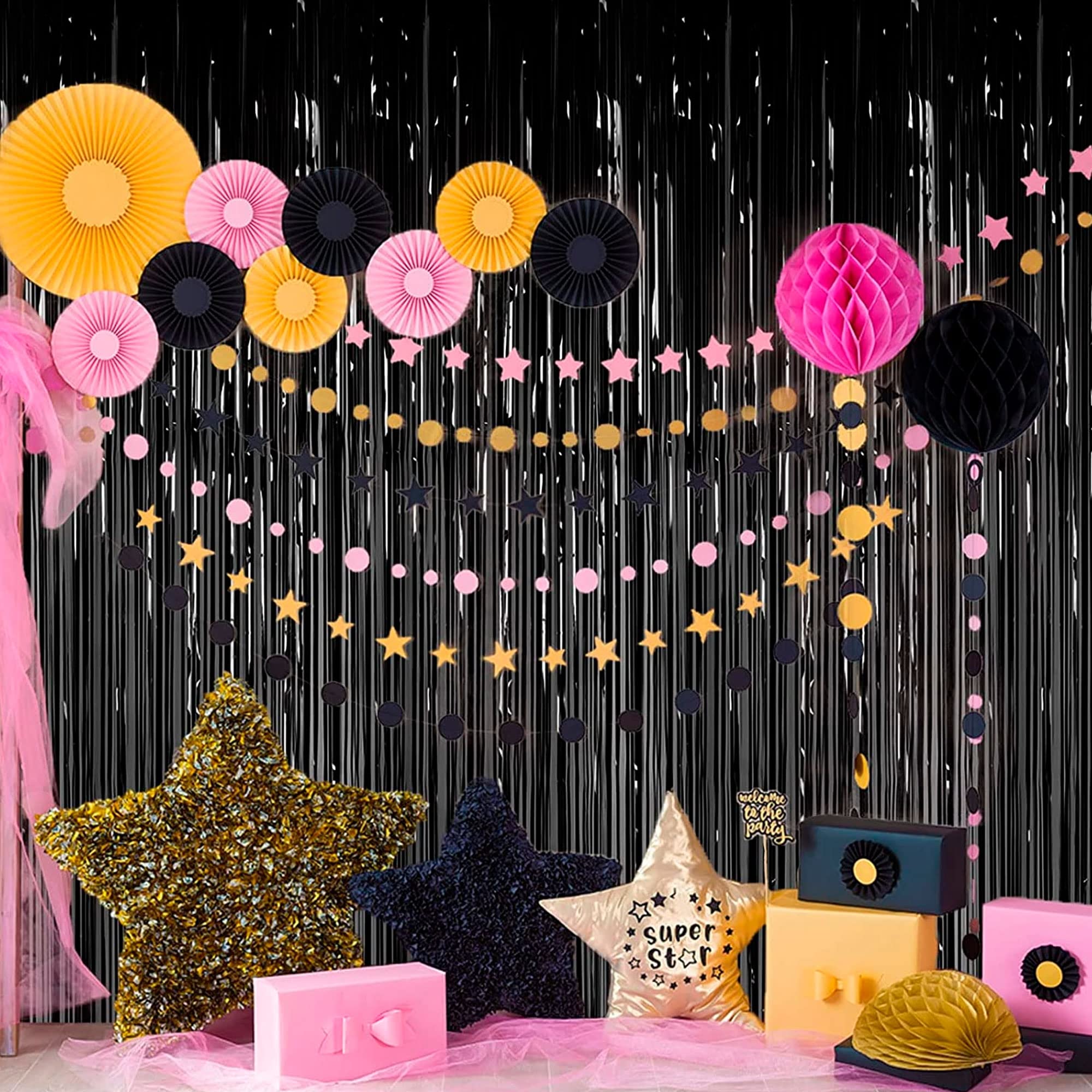 Dazzle Bright 2 Pack Black Backdrop Curtain, 3FT x 8FT Metallic Tinsel Foil Fringe Curtains Photo Booth Background for Baby Shower Party Birthday Wedding Engagement Bridal Shower Decorations