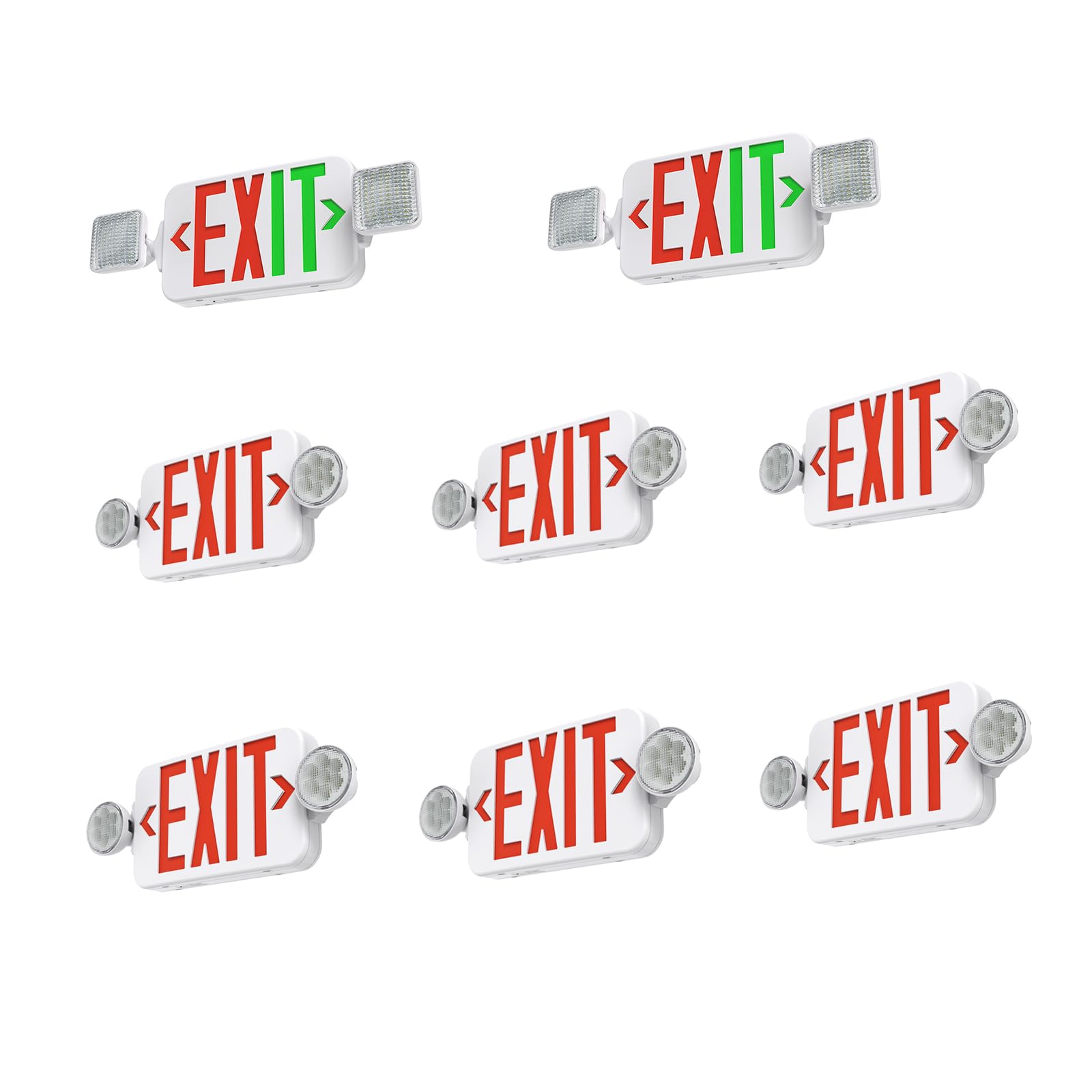 SASELUX 2 Pack Switchable Red/Green, Double Sided and Battery Backup Exit Light Bundle 6 Pack Exit Sign with Emergency Lights, Two LED Adjustable Head Emergency Exit Light with Battery