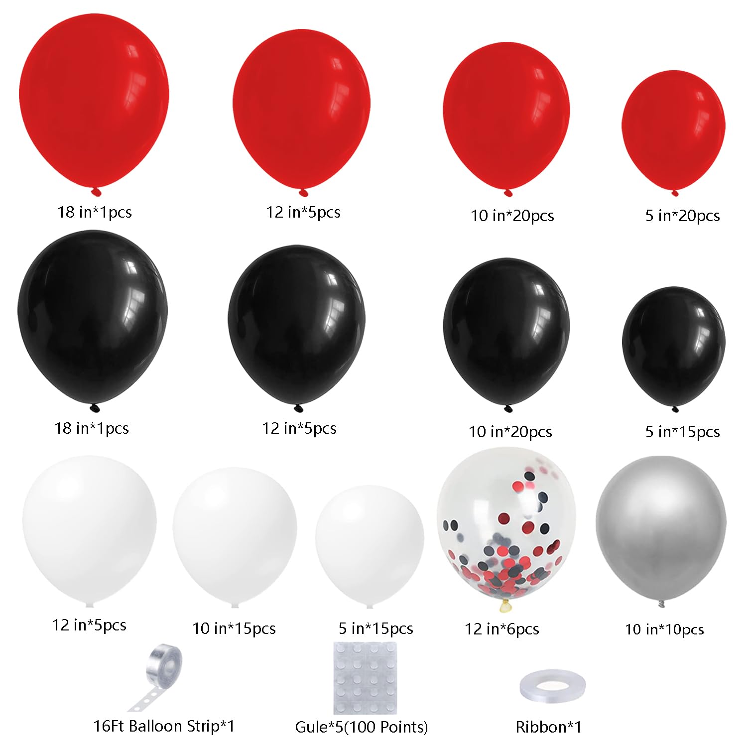 DBKL Red Black and White Balloon Garland Arch Kit with Different Size Red Black White Silver Confetti Balloons for Shower Birthday New Year Graduation Wedding Racing Car Poker Party Decorations