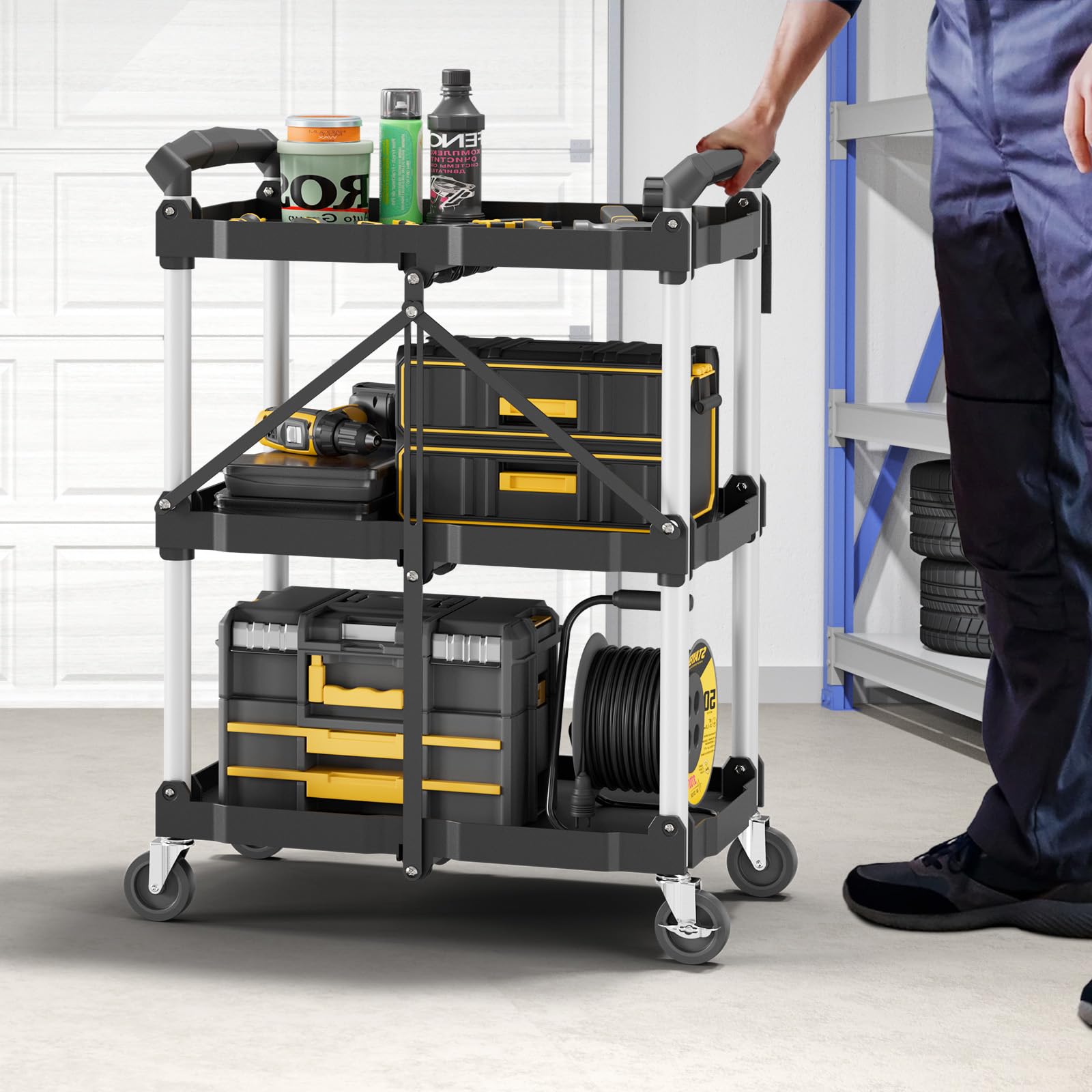 Granper 3-Tier Foldable Utility Cart with Wheels, 260 LBS Heavy Duty Plastic Rolling Cart, Collapsible Service Cart for Home, Office, Garage, and Warehouse - Black