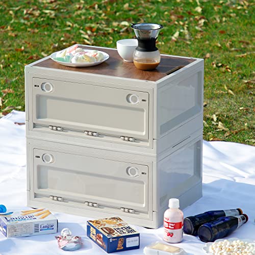 KATEI STORY Collapsible Storage Bin With Wood Lids folding storage box for camping,car storage, home sorting.(Side Opening 42L)