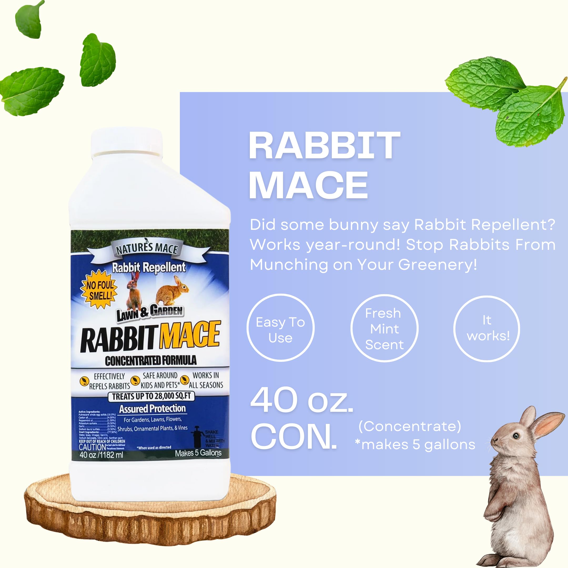 Nature’s MACE Rabbit Repellent 40oz Concentrate/Covers 28,000 Sq. Ft. / Rabbit Repellent and Deterrent/Keep Rabbits Out of Your Lawn and Garden/Safe to use Around Children & Plants