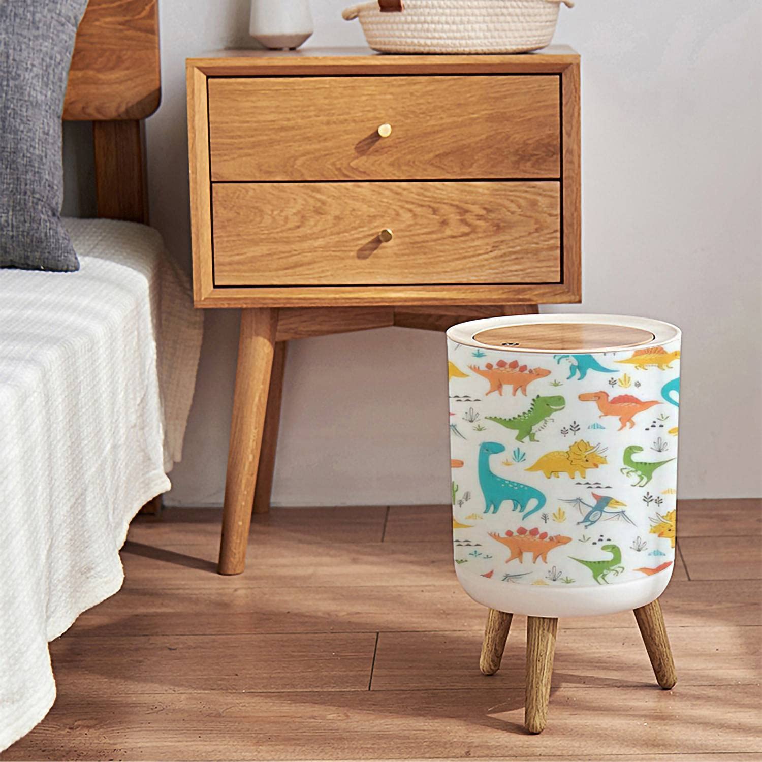 KCDCYCZEAL Small Trash Can with Lid Surface Cute Dinosaurs Round Recycle Bin Press Top Dog Proof Wastebasket for Kitchen Bathroom Bedroom Office 7L/1.8 Gallon